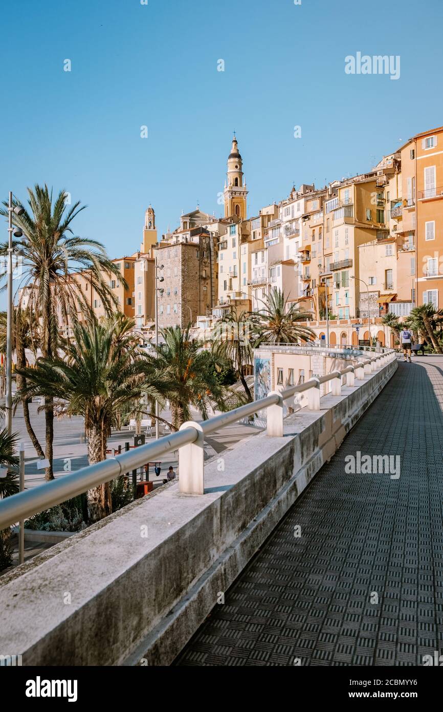 Menton France,Cote d Azur June 2020, warm hot summer day at waterfront ...