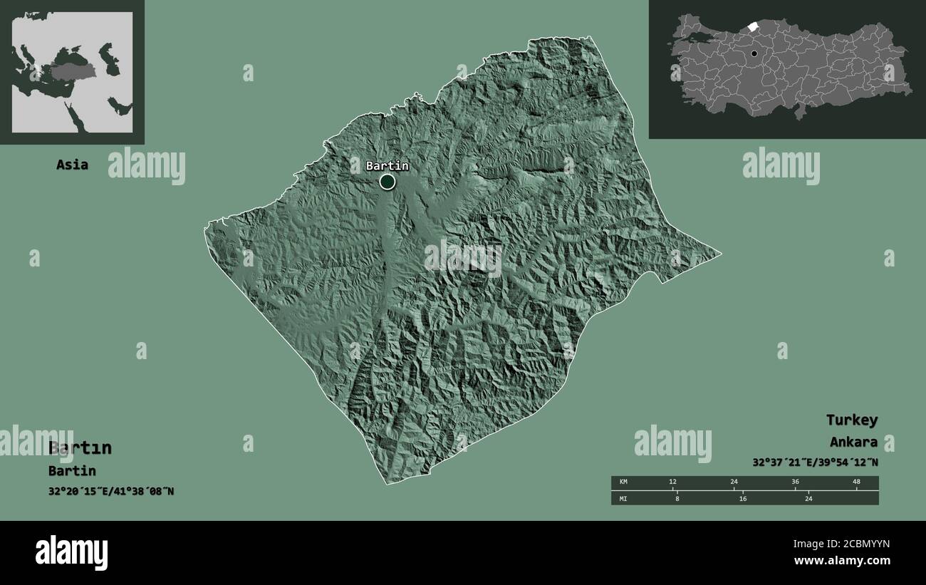 Shape of Bartın, province of Turkey, and its capital. Distance scale ...
