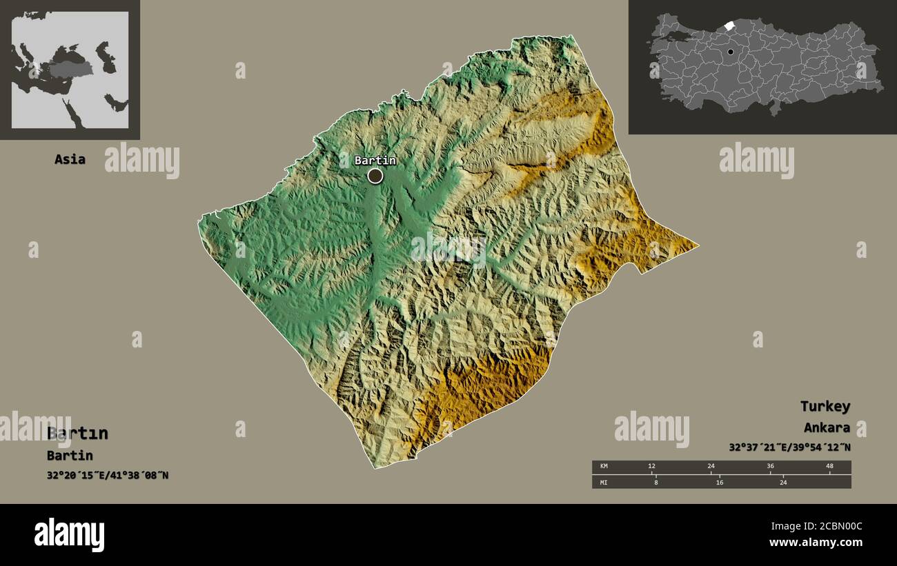 Shape of Bartın, province of Turkey, and its capital. Distance scale ...