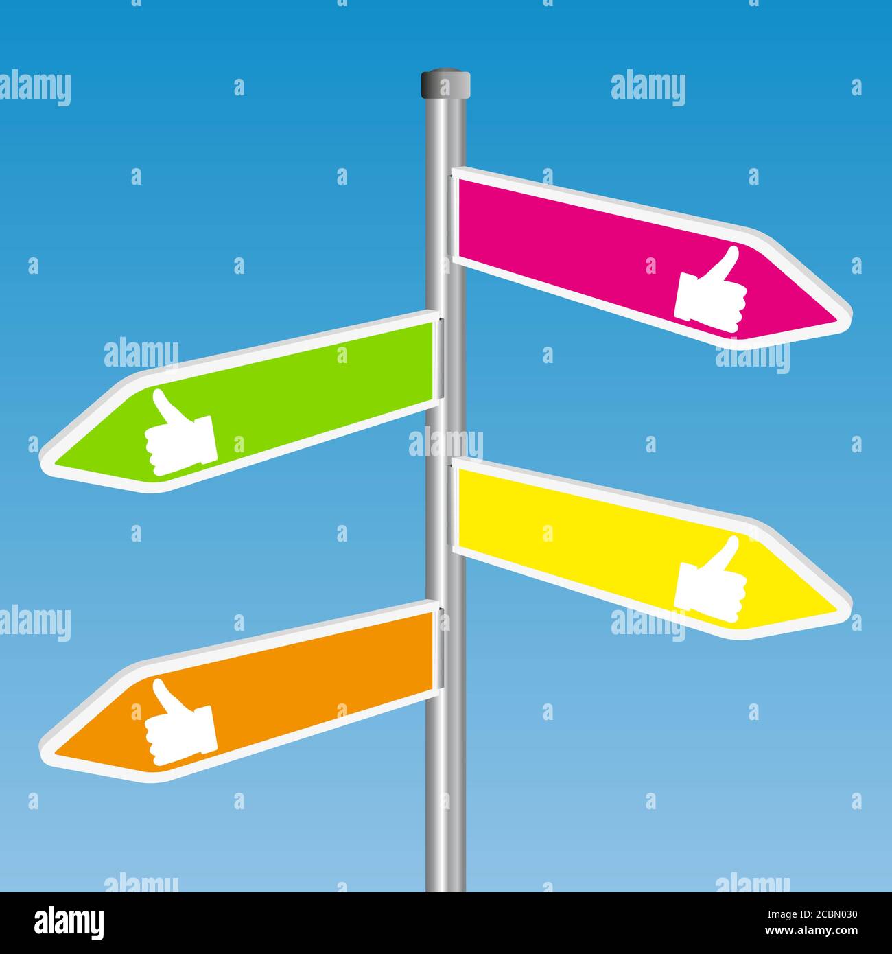 3D rendering of colorful direction signs with thumbs up gestures ...