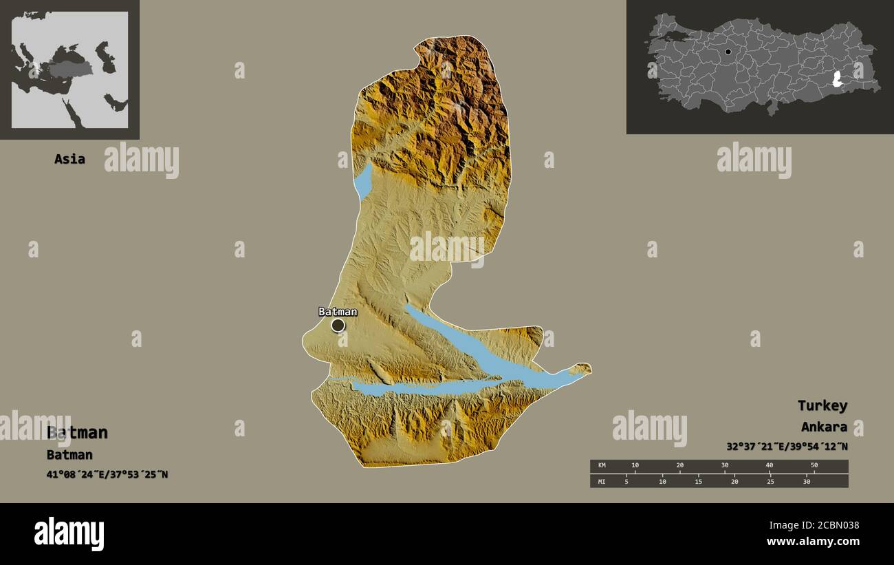 Shape of Batman, province of Turkey, and its capital. Distance scale ...