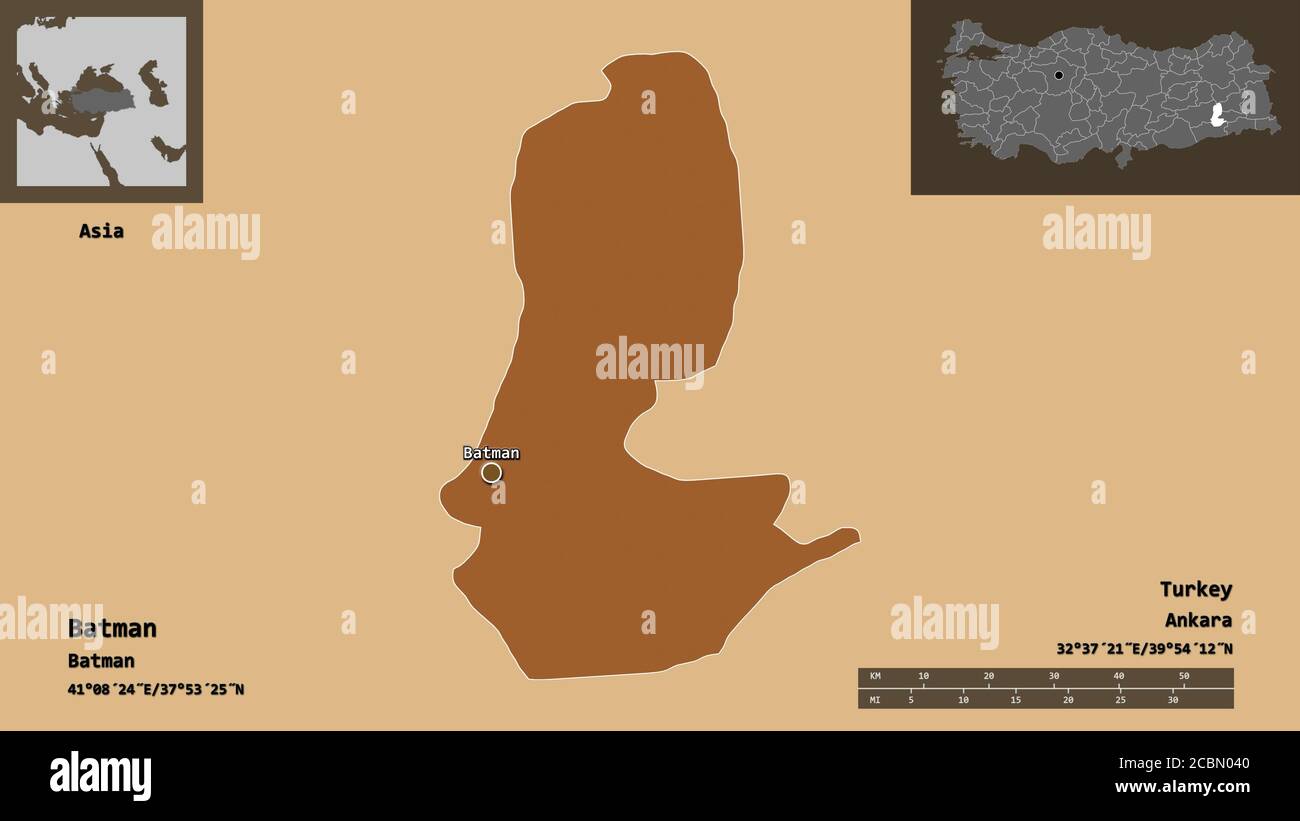 Shape of Batman, province of Turkey, and its capital. Distance scale ...