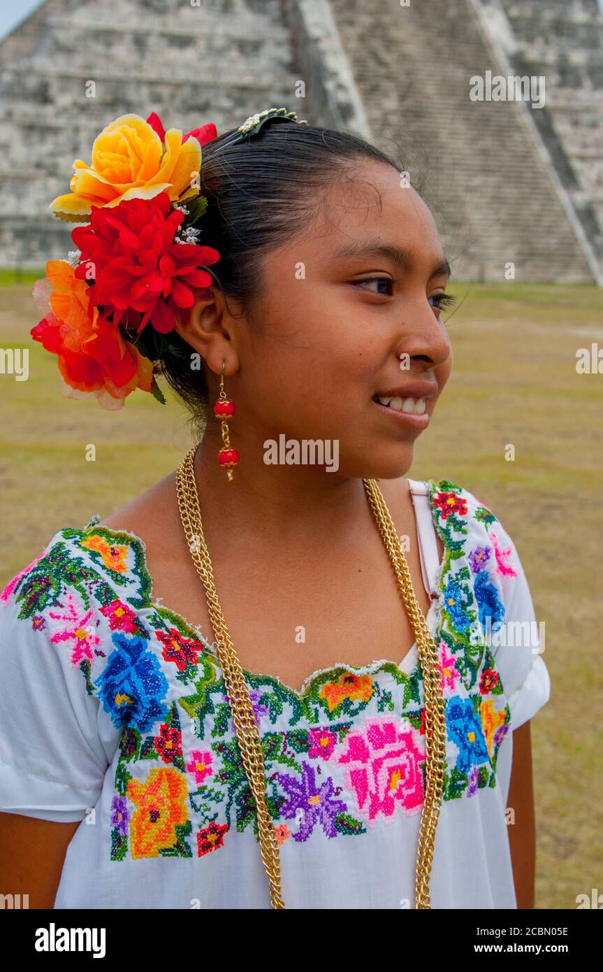Portrait of a Mayan girl (part of a dance group) during her visit to ...