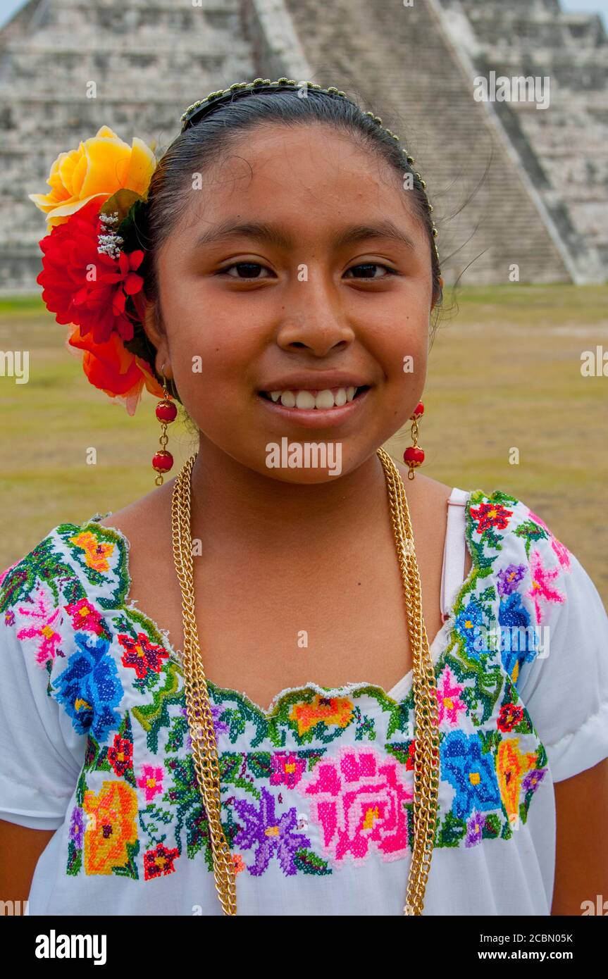 Portrait of a Mayan girl (part of a dance group) during her visit to ...