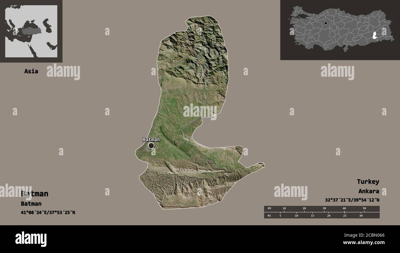 Shape of Batman, province of Turkey, and its capital. Distance scale ...