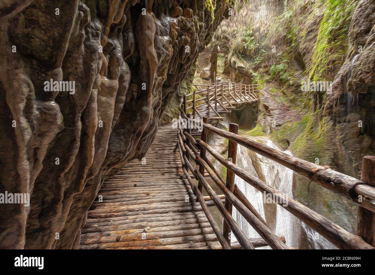 Oil painting effect of stalactites above the walkway in sandstones ...