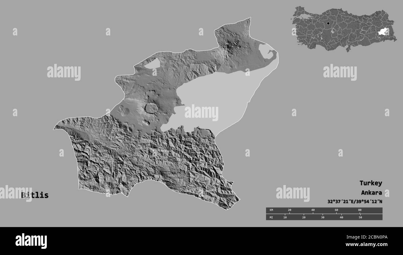 Shape of Bitlis, province of Turkey, with its capital isolated on solid ...