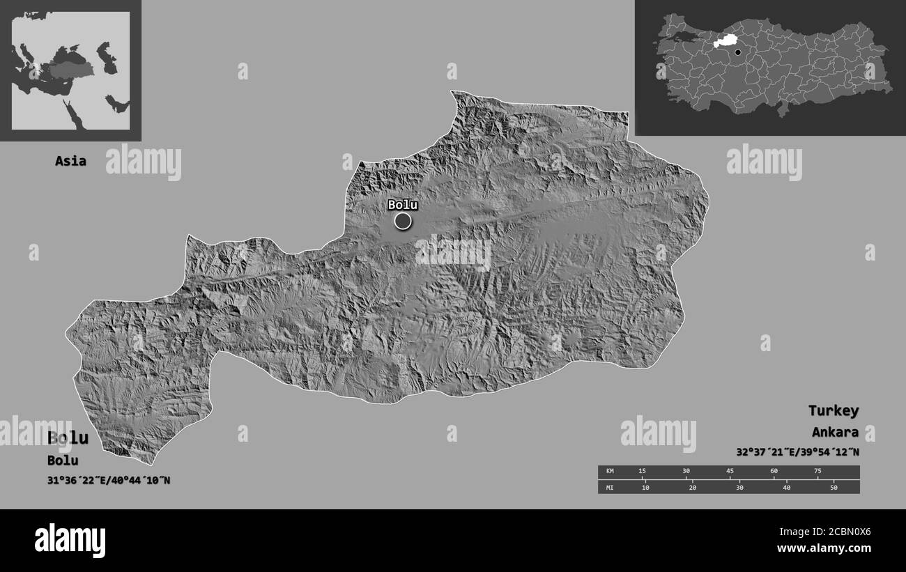 Shape of Bolu, province of Turkey, and its capital. Distance scale ...