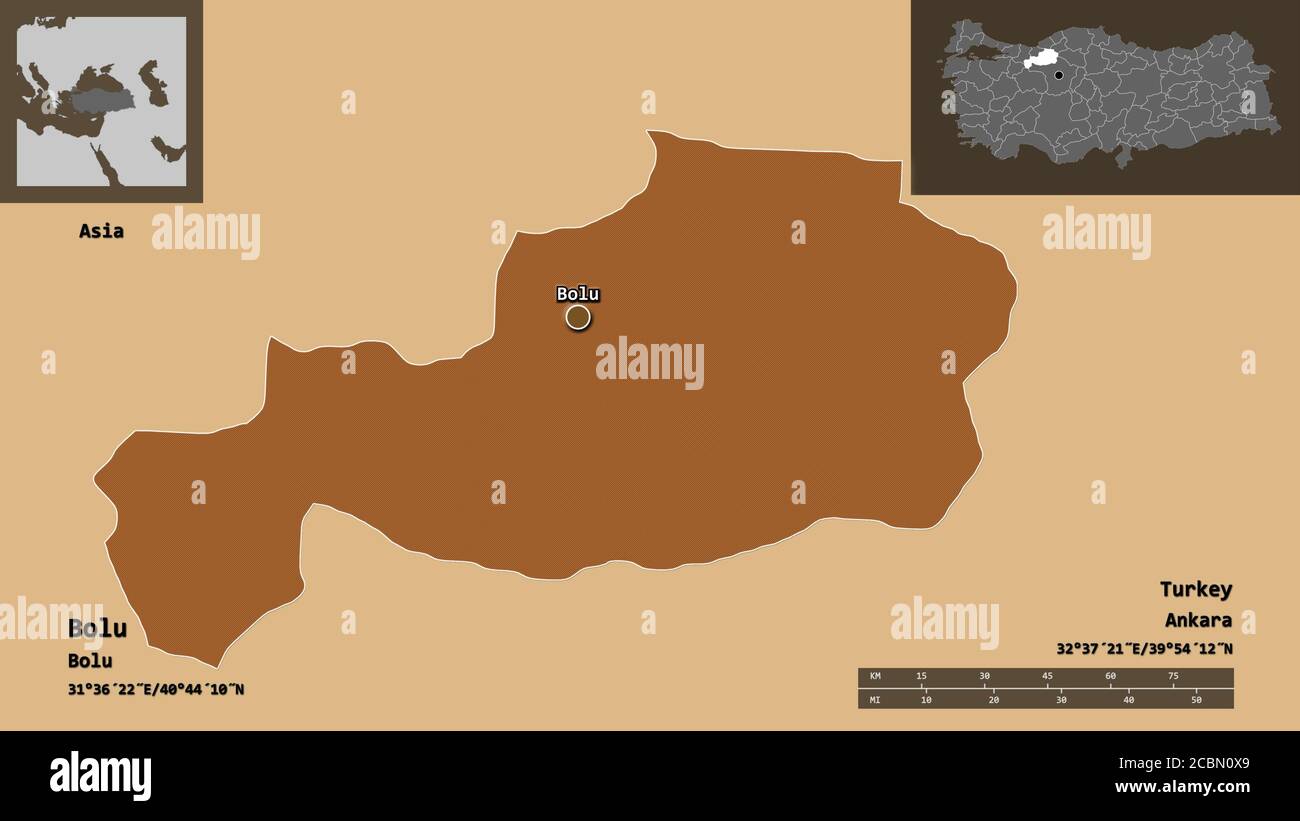Shape of Bolu, province of Turkey, and its capital. Distance scale ...