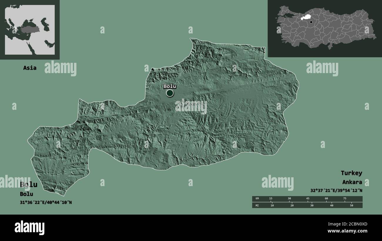 Shape of Bolu, province of Turkey, and its capital. Distance scale ...