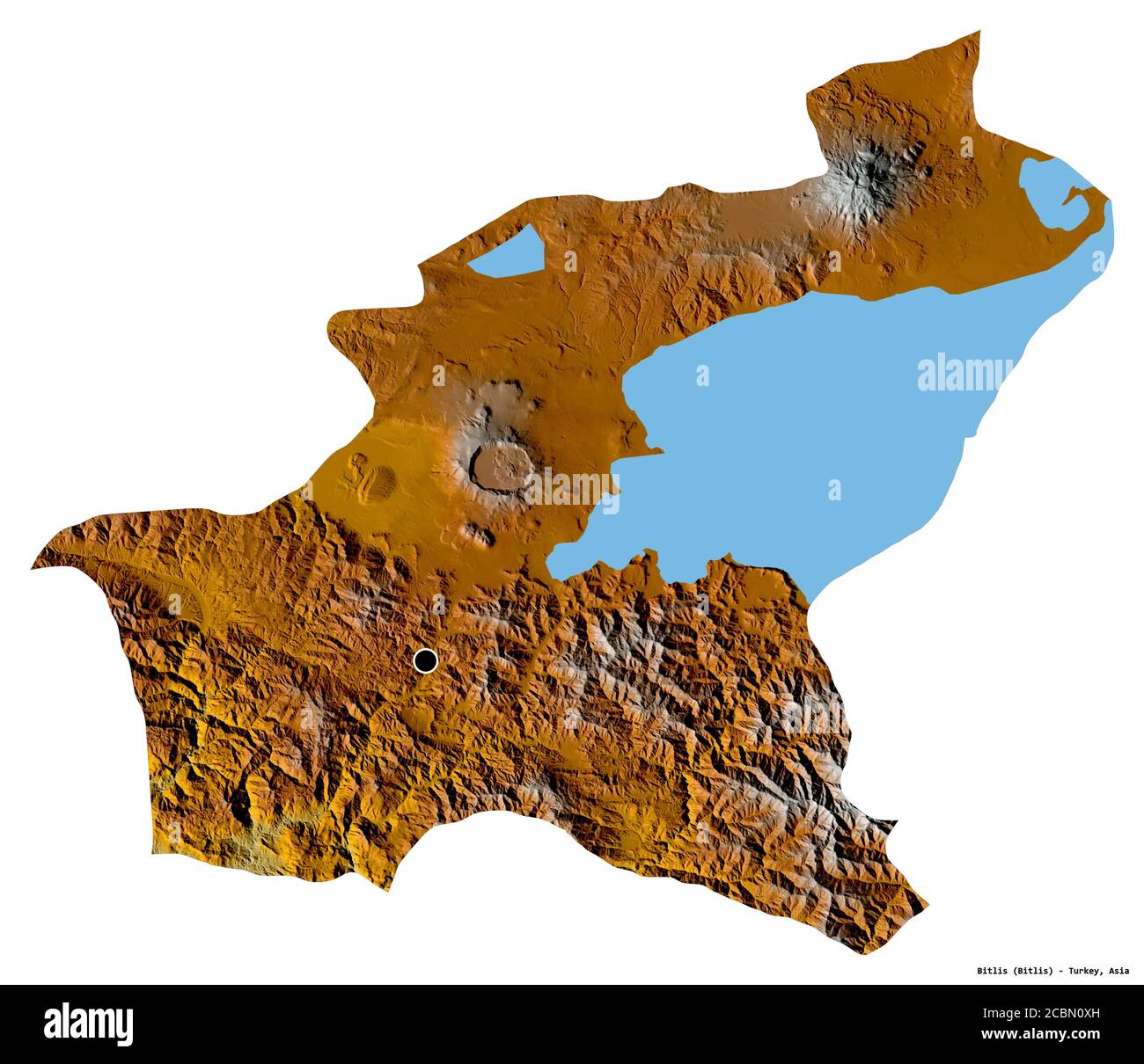 Shape of Bitlis, province of Turkey, with its capital isolated on white background. Topographic ...