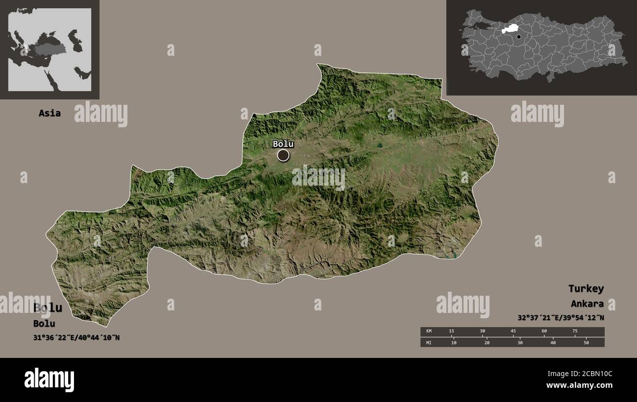 Shape of Bolu, province of Turkey, and its capital. Distance scale ...