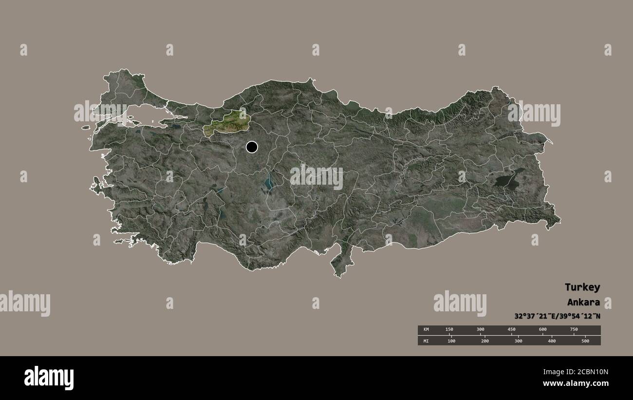 Desaturated shape of Turkey with its capital, main regional division ...