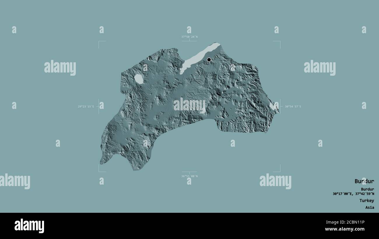 Area of Burdur, province of Turkey, isolated on a solid background in a ...
