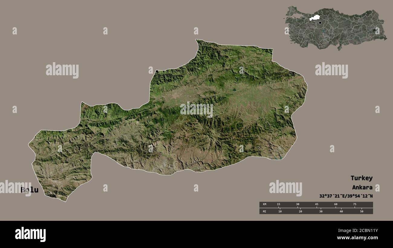 Shape of Bolu, province of Turkey, with its capital isolated on solid ...
