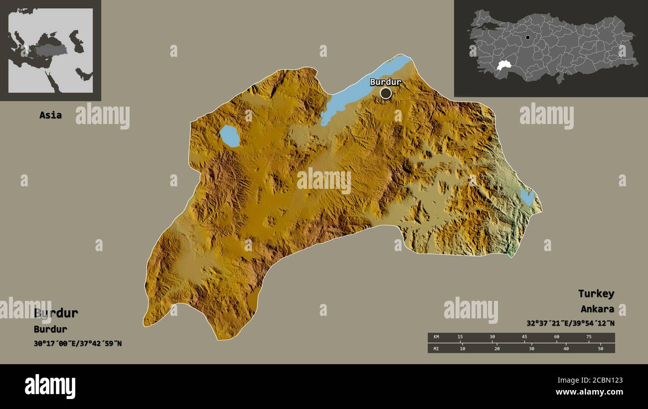 Shape of Burdur, province of Turkey, and its capital. Distance scale, previews and labels ...