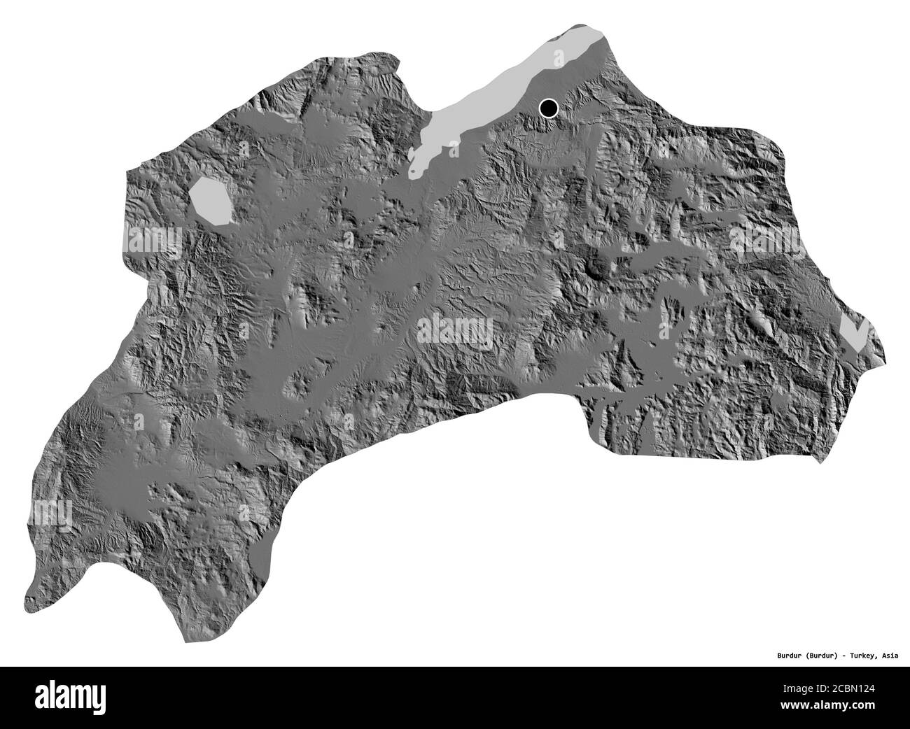 Shape of Burdur, province of Turkey, with its capital isolated on white ...