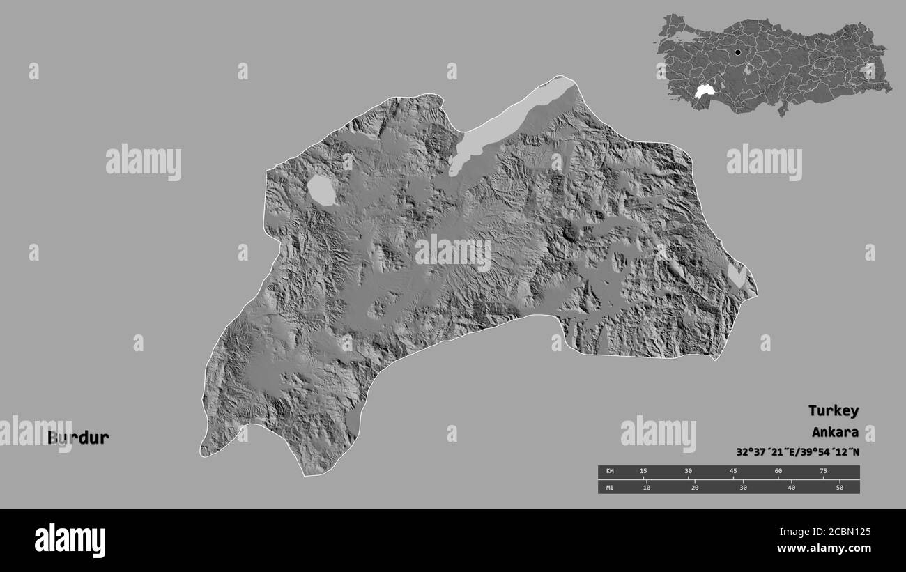 Shape of Burdur, province of Turkey, with its capital isolated on solid ...