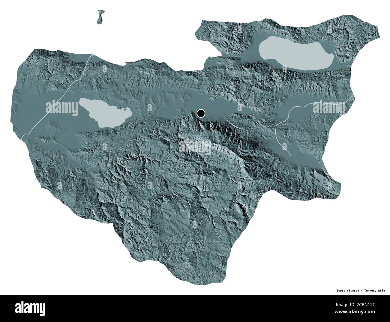 Shape of Bursa, province of Turkey, with its capital isolated on white ...