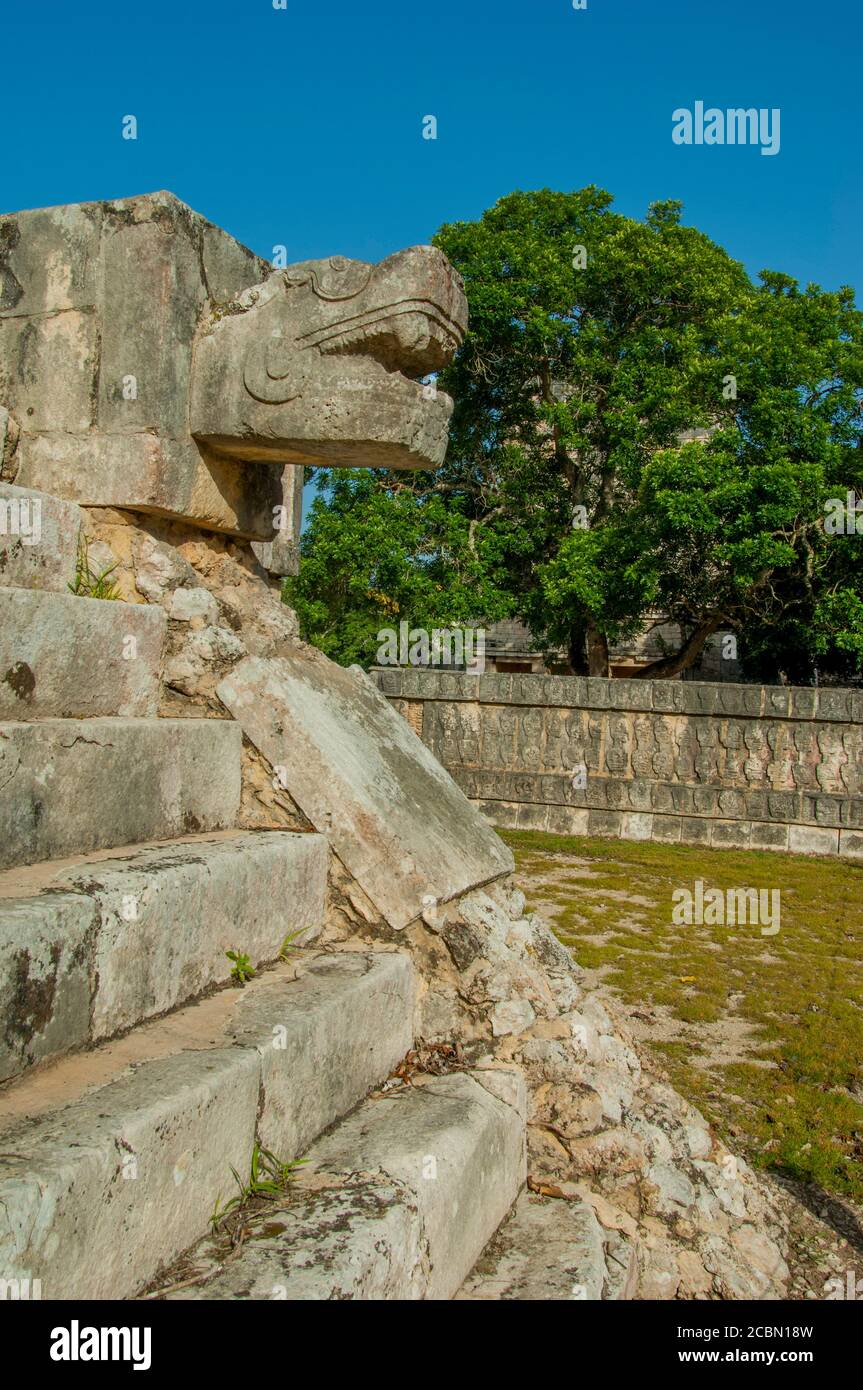 Serpent heads at the stairs of the platform of Venus in the Chichen ...