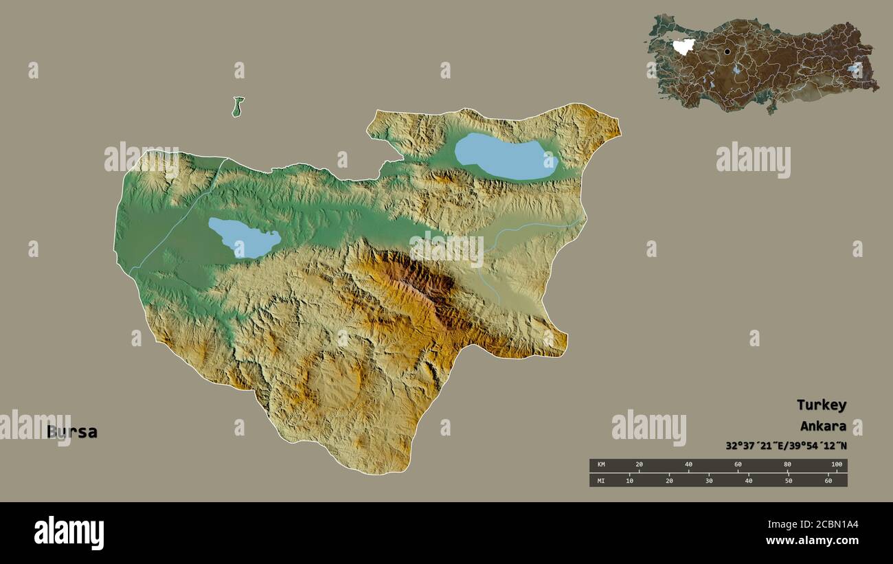 Shape of Bursa, province of Turkey, with its capital isolated on solid ...