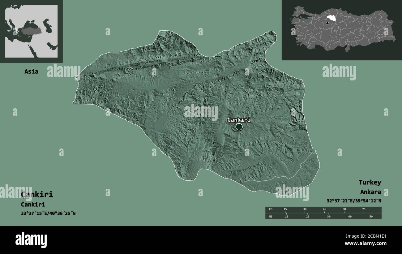 Shape of Çankiri, province of Turkey, and its capital. Distance scale ...