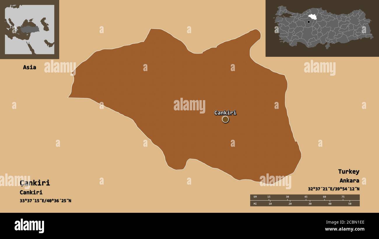 Shape of Çankiri, province of Turkey, and its capital. Distance scale ...