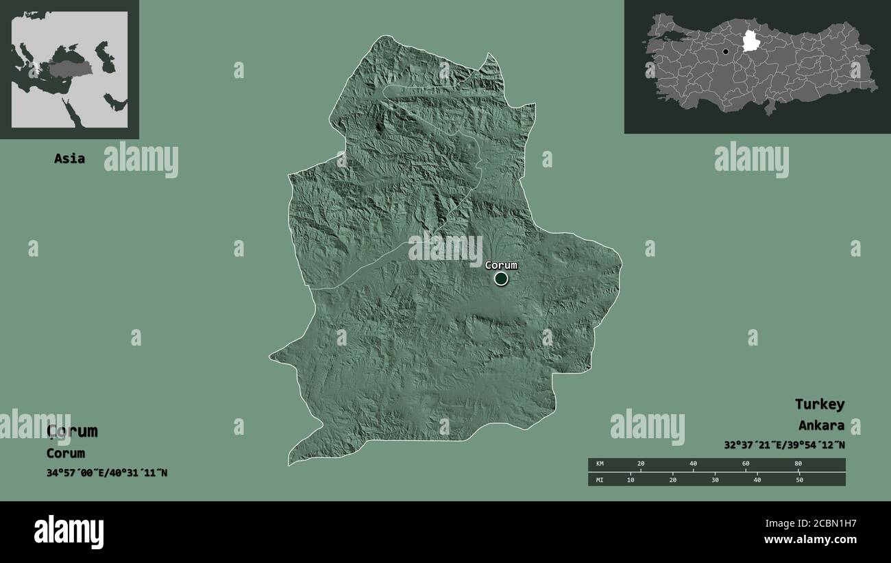 Shape of Çorum, province of Turkey, and its capital. Distance scale ...