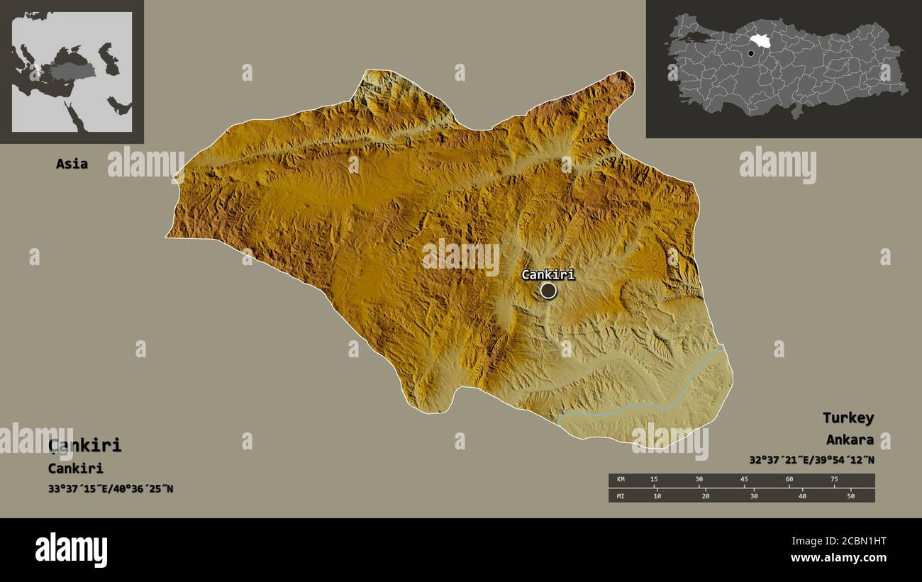 Shape of Çankiri, province of Turkey, and its capital. Distance scale ...