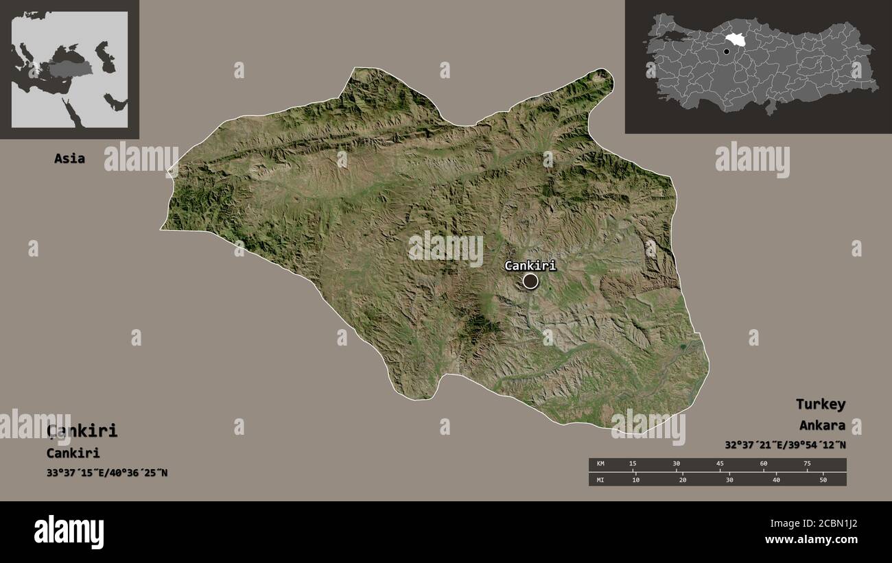 Shape of Çankiri, province of Turkey, and its capital. Distance scale ...