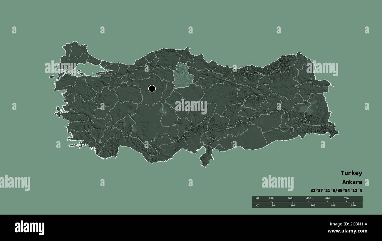 Desaturated shape of Turkey with its capital, main regional division ...