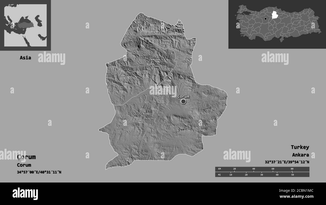 Shape of Çorum, province of Turkey, and its capital. Distance scale ...