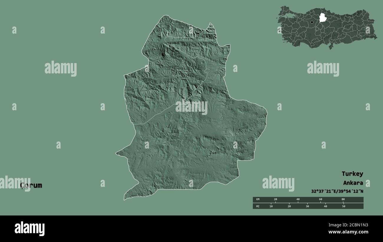 Shape of Çorum, province of Turkey, with its capital isolated on solid ...