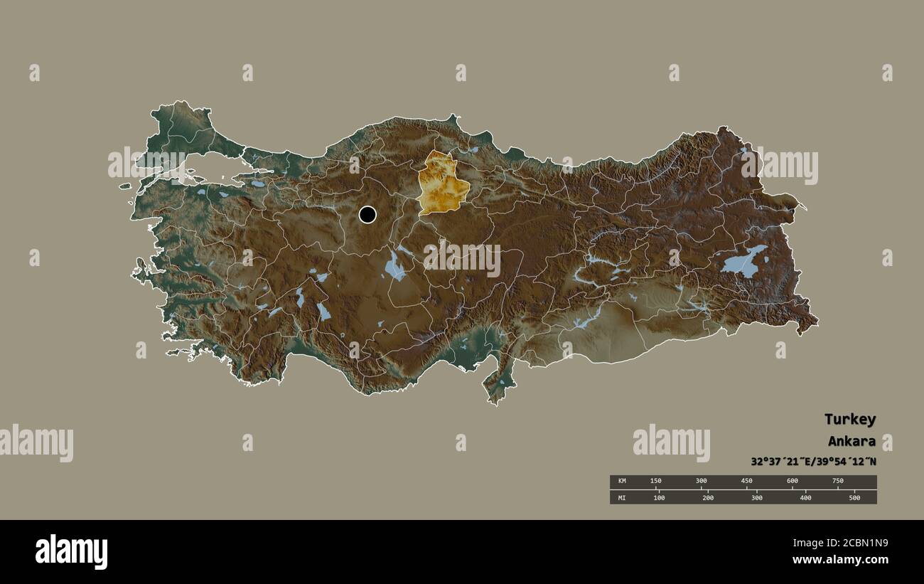 Desaturated shape of Turkey with its capital, main regional division ...