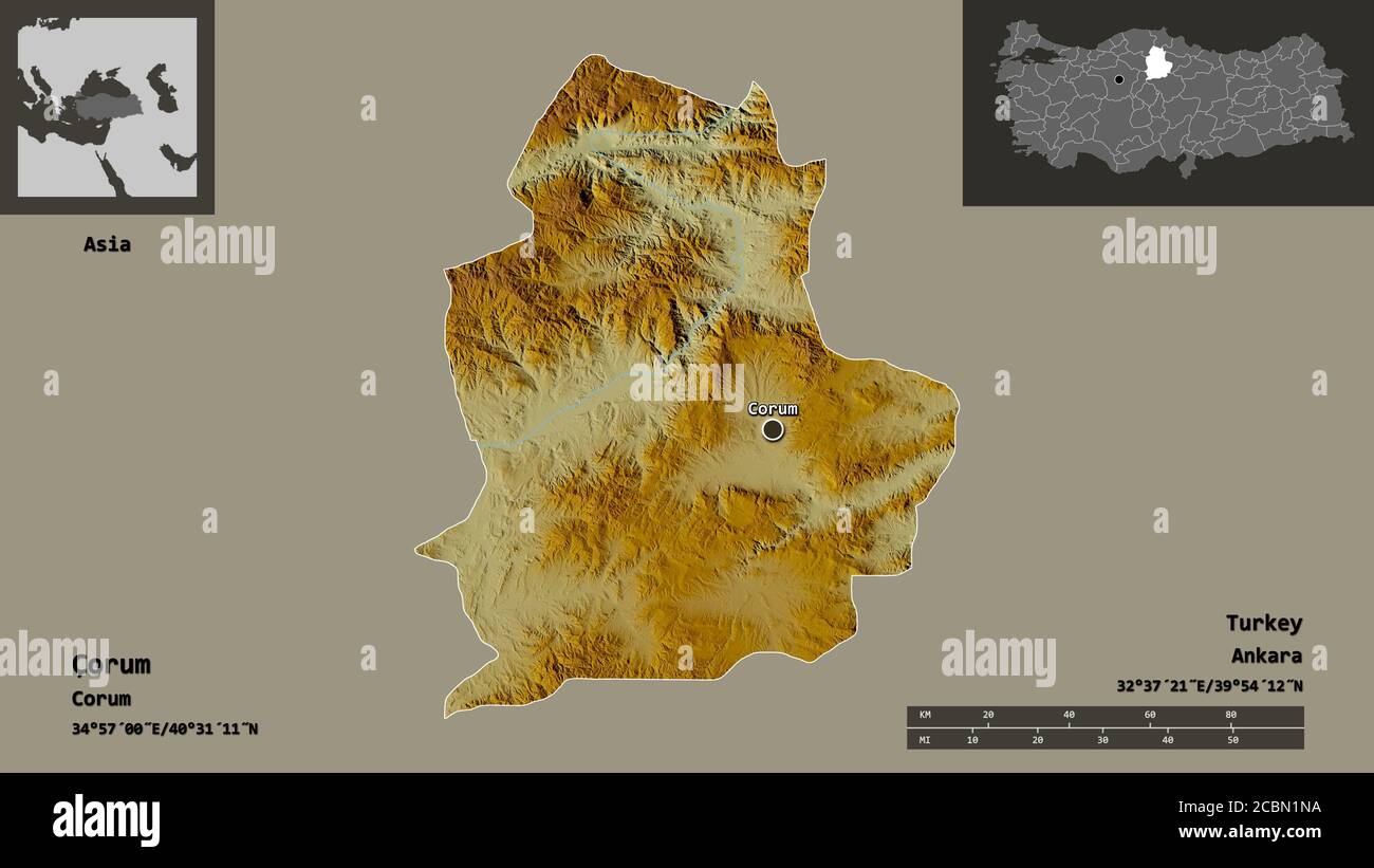 Shape of Çorum, province of Turkey, and its capital. Distance scale ...