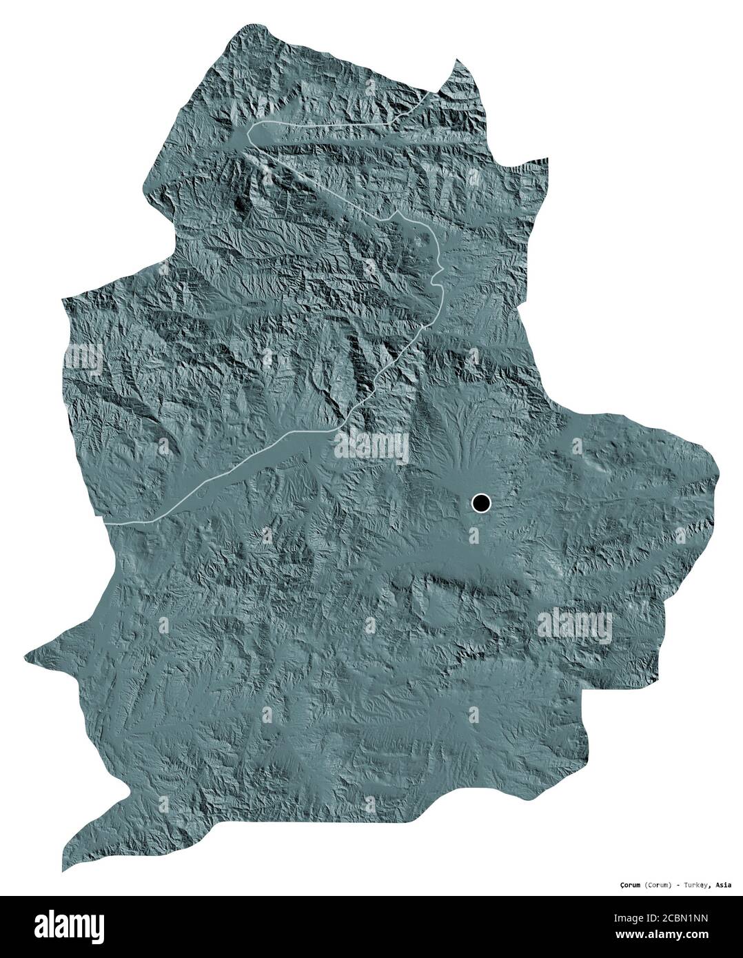 Shape of Çorum, province of Turkey, with its capital isolated on white ...