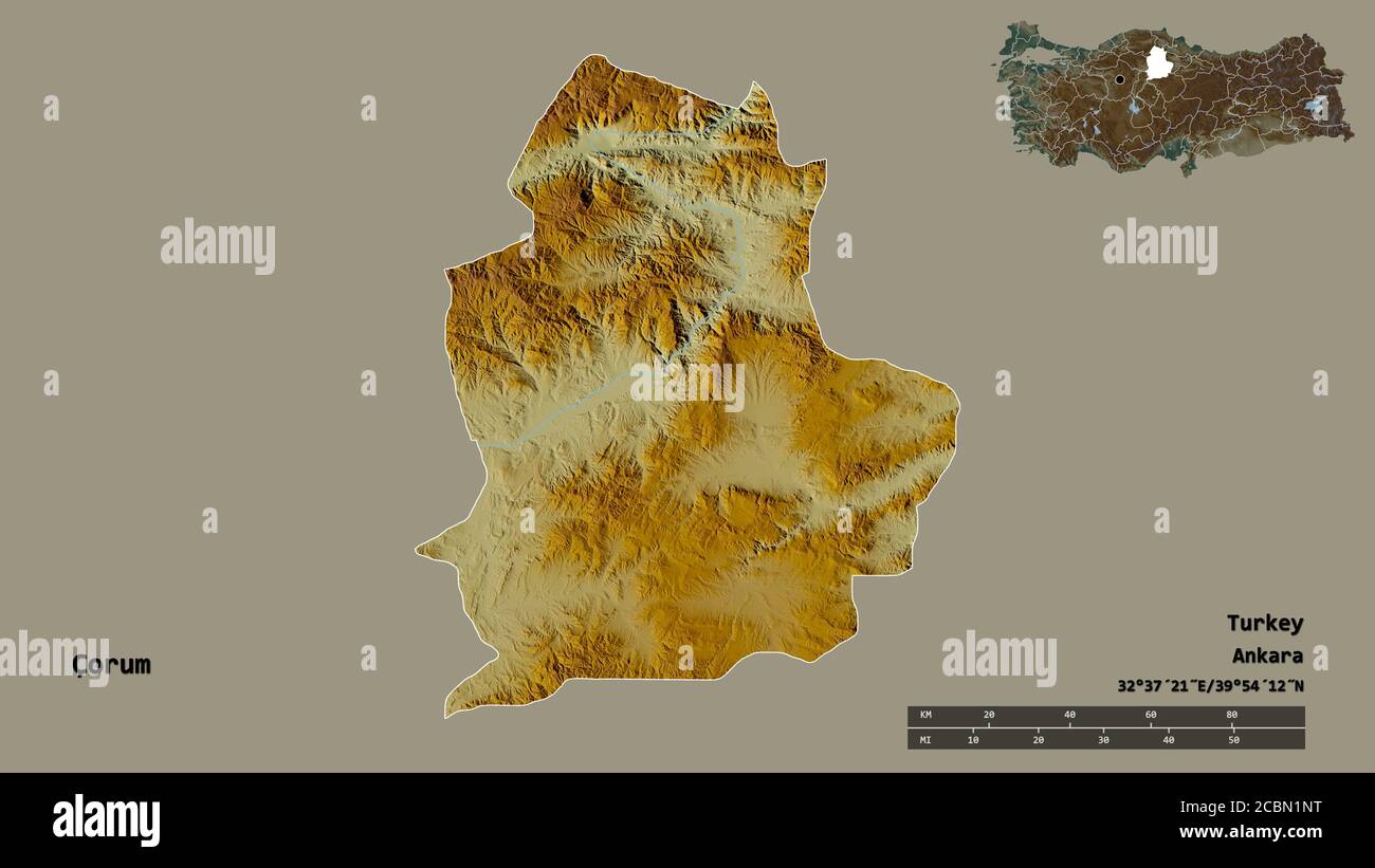 Shape of Çorum, province of Turkey, with its capital isolated on solid ...