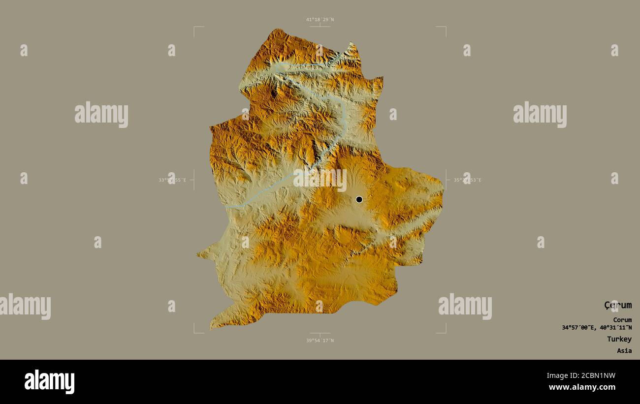 Area of Çorum, province of Turkey, isolated on a solid background in a ...