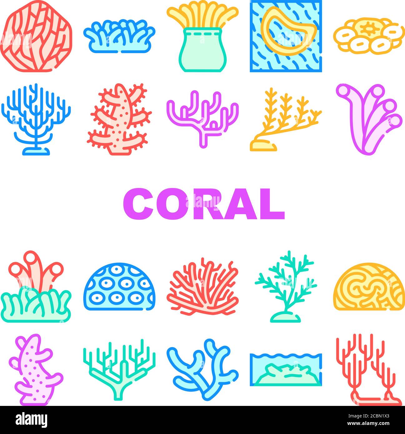 Coral Sea Aquatic Reef Collection Icons Set Vector Stock Vector Image ...
