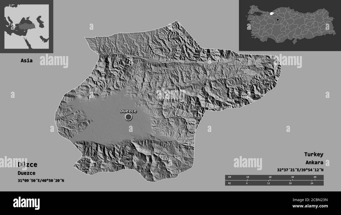 Shape of Düzce, province of Turkey, and its capital. Distance scale ...