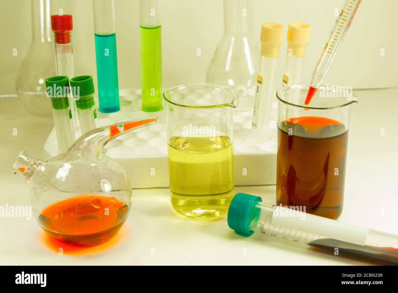 Chemical laboratory instruments, glassware and pipette. Tests and ...