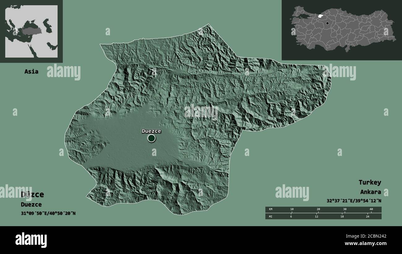 Shape of Düzce, province of Turkey, and its capital. Distance scale ...
