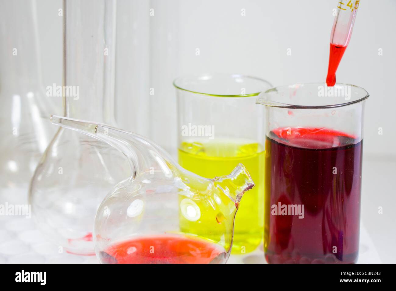 Chemical laboratory instruments, glassware and pipette. Tests and ...