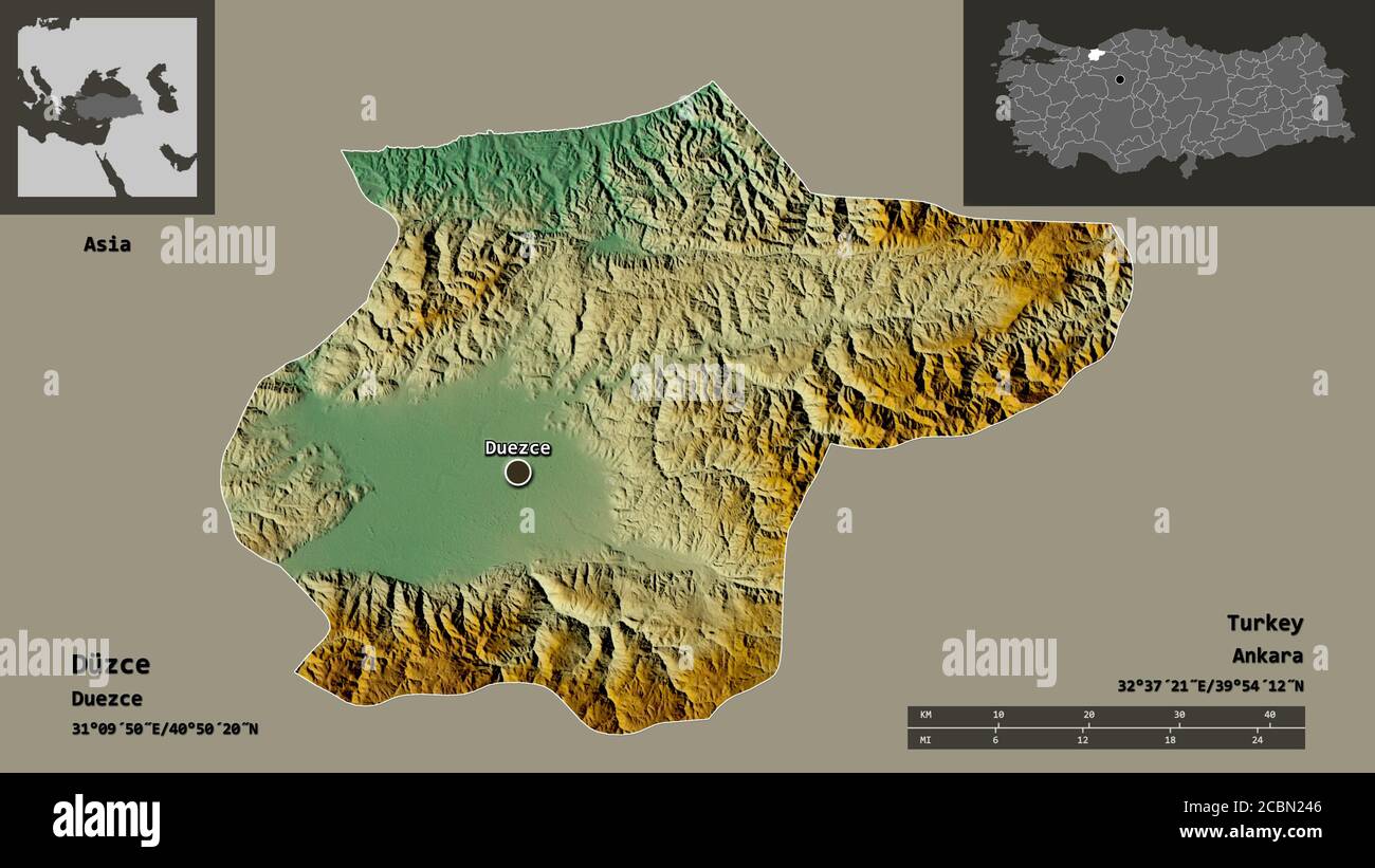 Shape of Düzce, province of Turkey, and its capital. Distance scale ...
