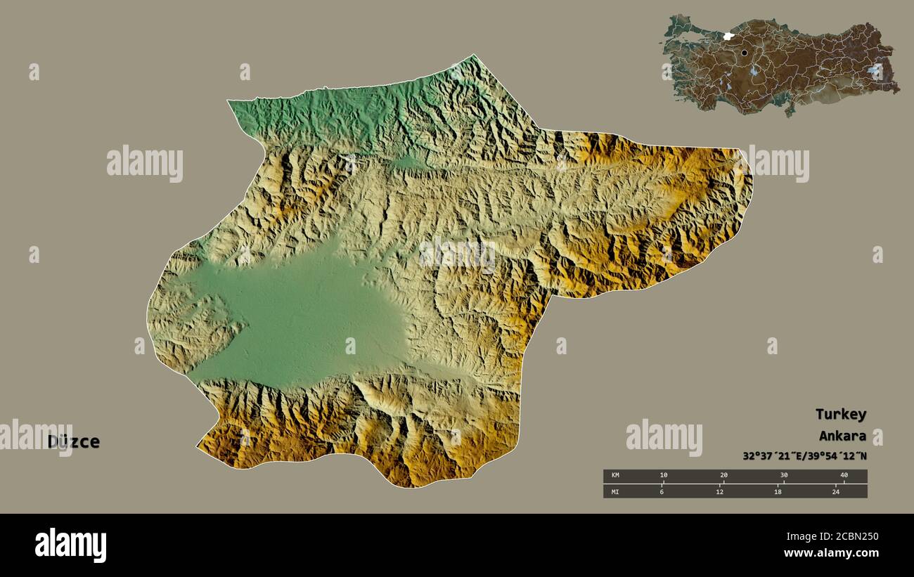Shape of Düzce, province of Turkey, with its capital isolated on solid ...
