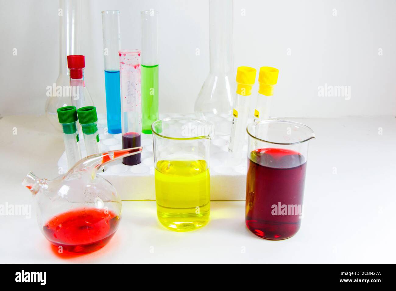 Chemical laboratory instruments, glassware and pipette. Tests and ...