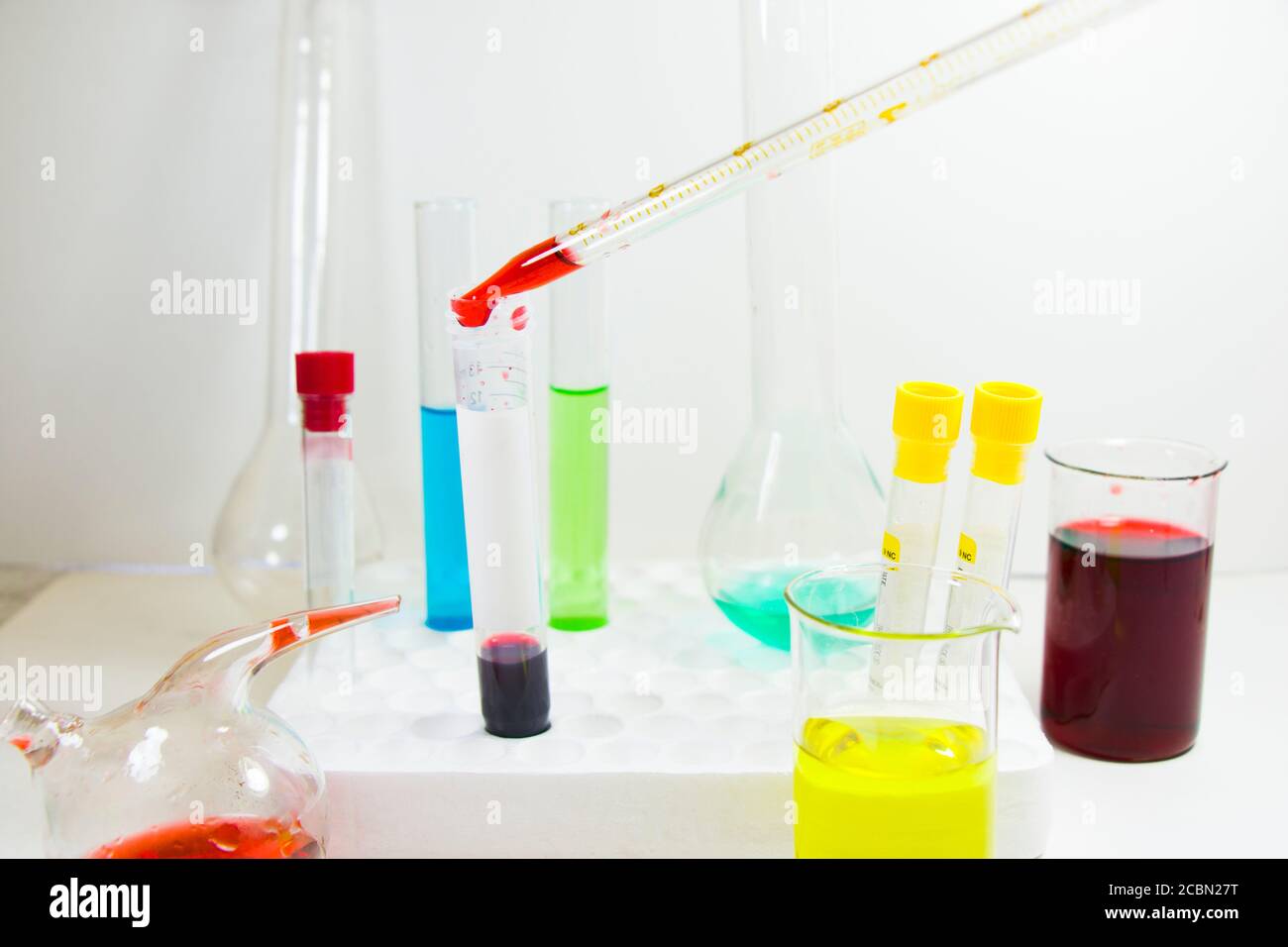 Chemical laboratory instruments, glassware and pipette. Tests and ...