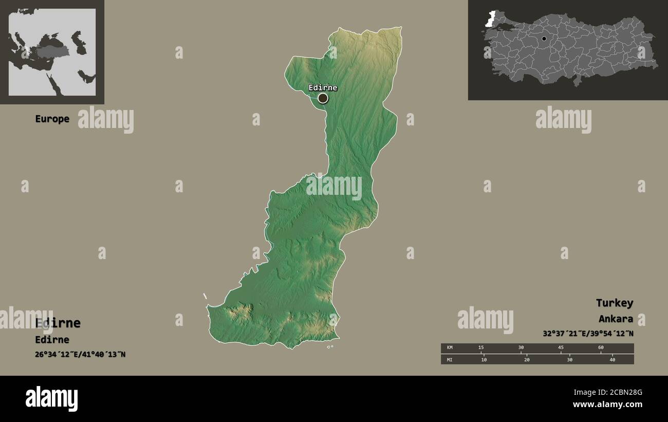 Shape of Edirne, province of Turkey, and its capital. Distance scale ...