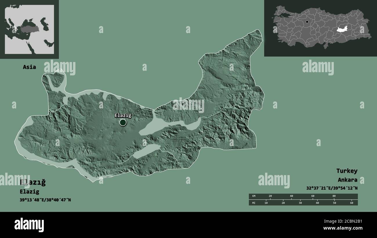 Shape of Elazığ, province of Turkey, and its capital. Distance scale ...