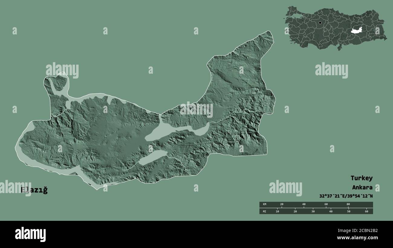 Shape of Elazığ, province of Turkey, with its capital isolated on solid ...